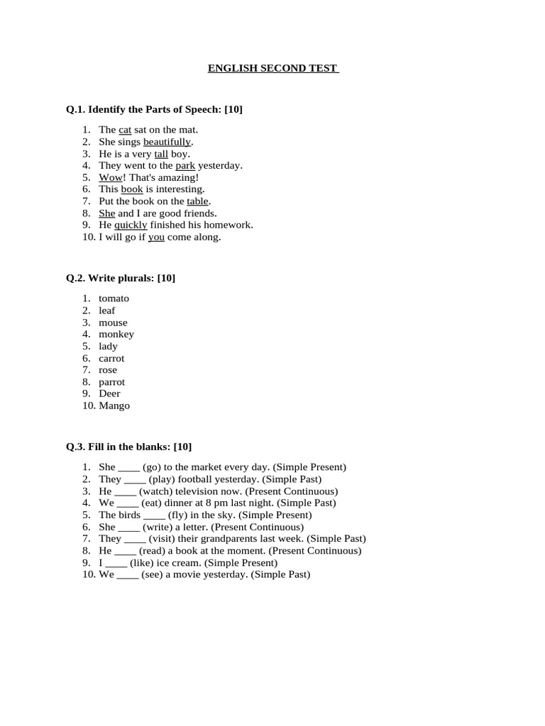 English Grammar Test: Parts of Speech & More | PDF