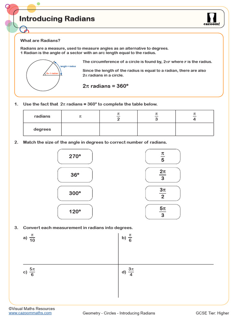 Cazoom Math Pi Day Introducing Radians Worksheet | PDF | Circle | Pi