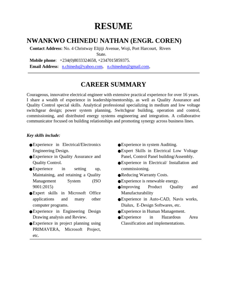 Nathan Chinedu Nwankwo - Project Engr | PDF | Electrical Wiring | Specification (Technical Standard)