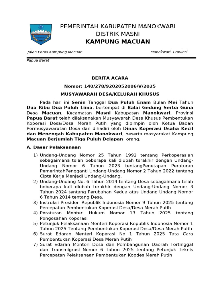 Berita Acara Musdesus Koperasi Baru Format Oke | PDF