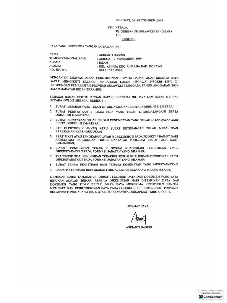 Lamaran Kerja Asrianti Basrin | PDF