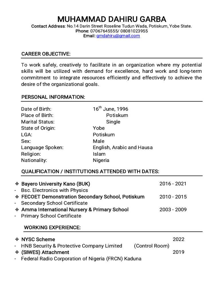 DAHIRU MDG Curriculum Vitae | PDF