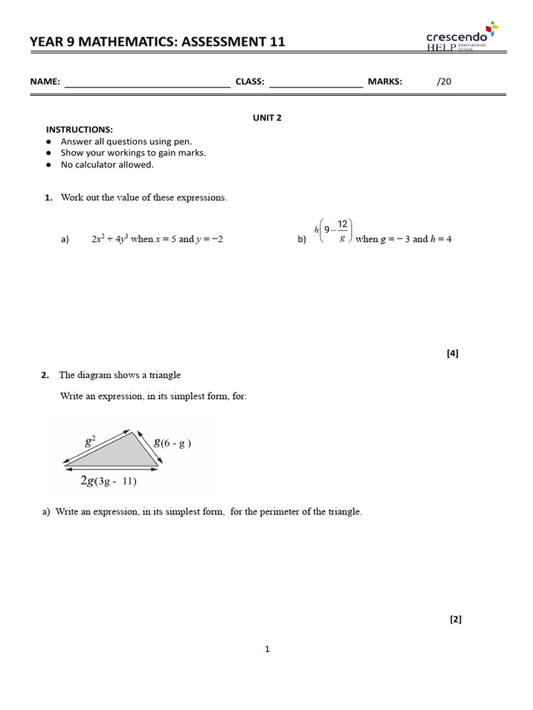 Year 9 Math Assessment Questions | PDF