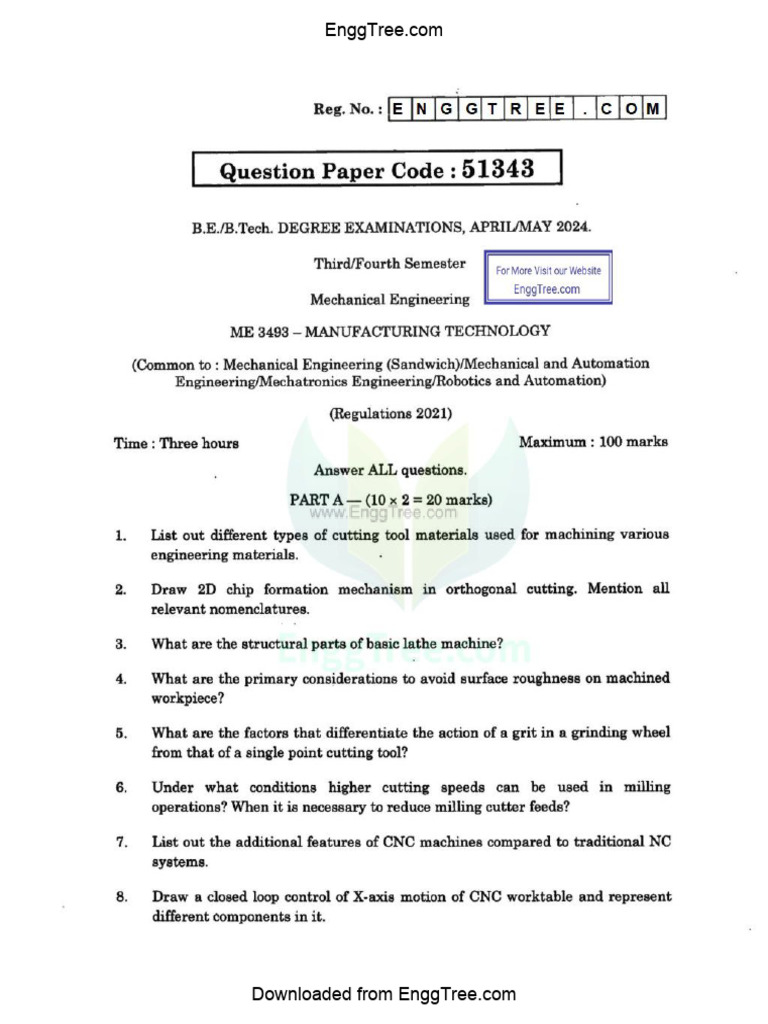 ME3493 Manufacturing Technology Apr May 2024 Question Paper Download | PDF