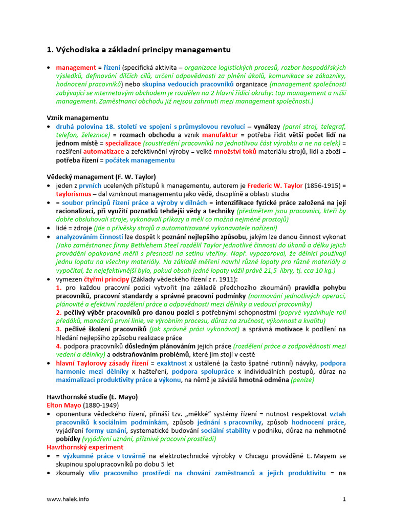 01-Vychodiska a Zakladni Principy Managementu | PDF