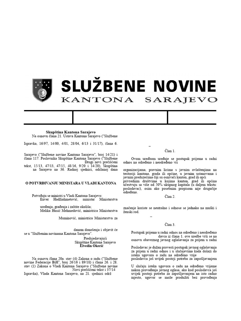 Uredbu Postupku Prijema U Radni Odnos U Javnom Sektoru Na Teritoriji Kantona Sarajevo | PDF