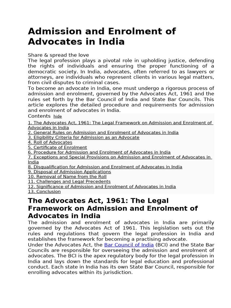 Admission and Enrollment of Advocates in India | PDF | Advocate | Lawyer