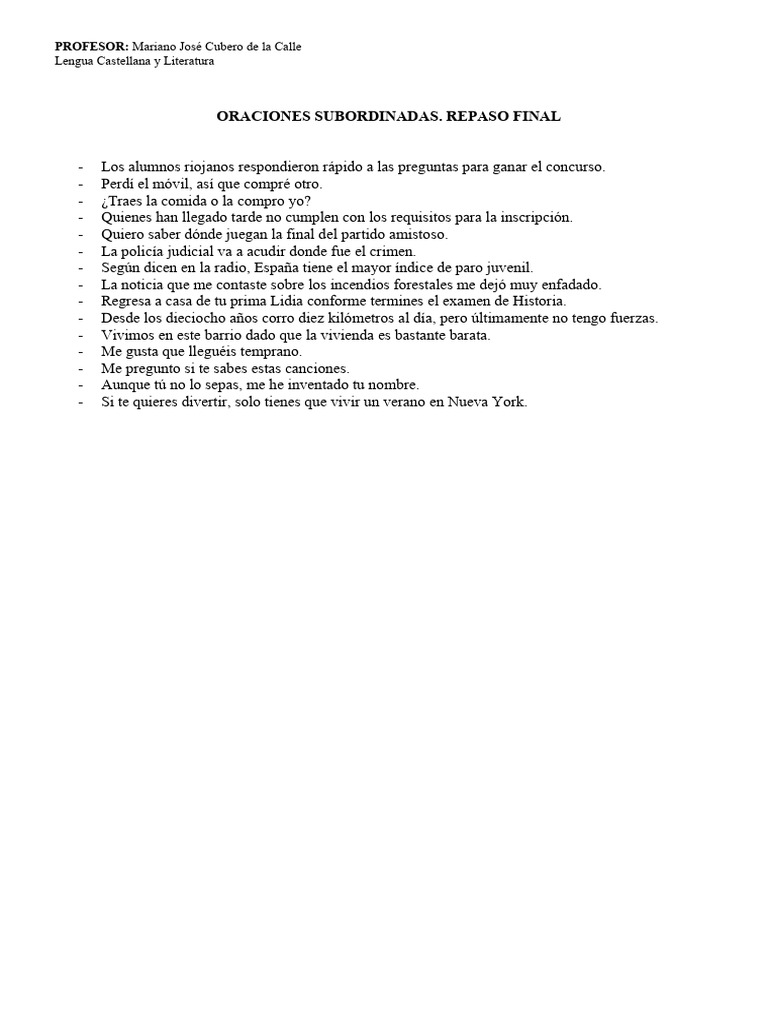 Repaso Final Subordinadas 1BACH | PDF