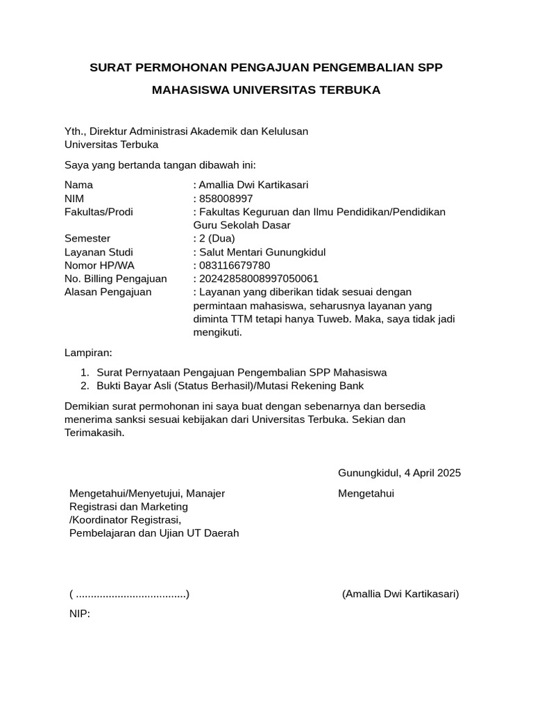 Surat Permohonan Pengajuan Pengembalian SPP | PDF