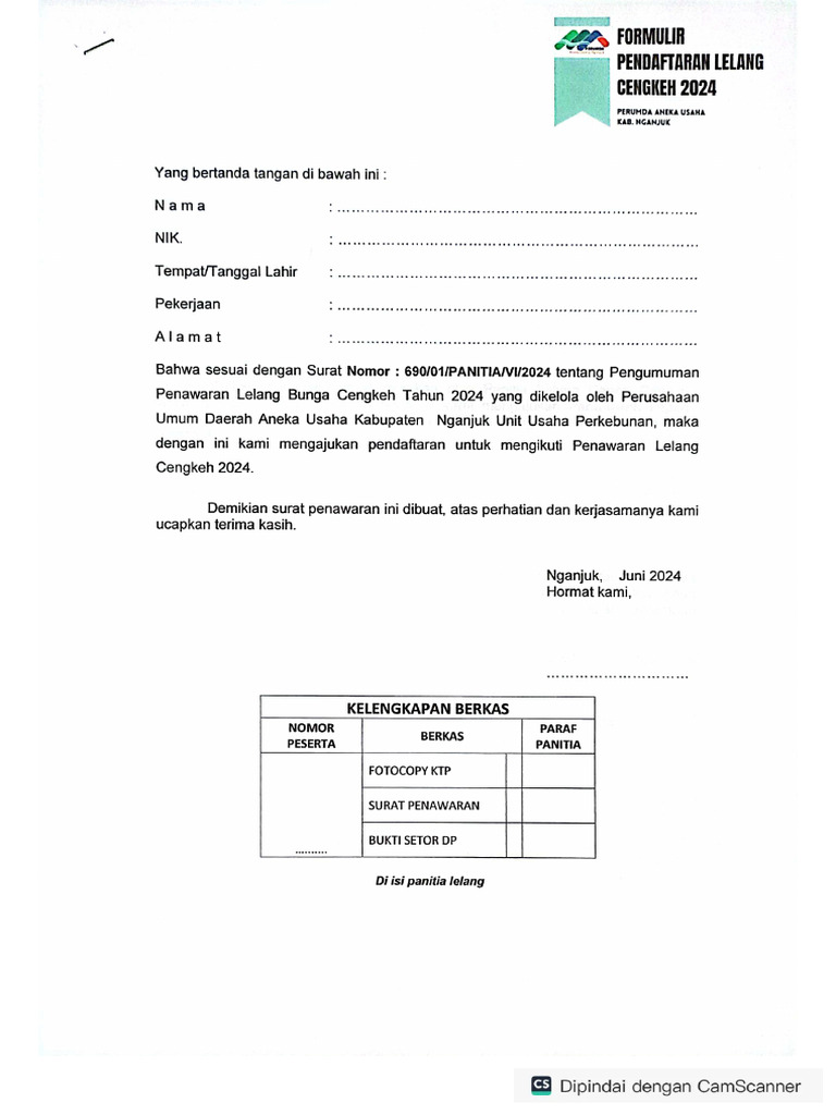 Formulir Pendaftaran Lelang Cengkeh | PDF