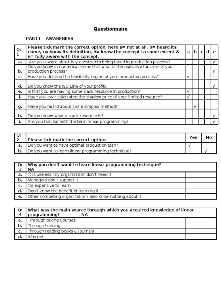 Questionnaire | PDF | Linear Programming | Cognition