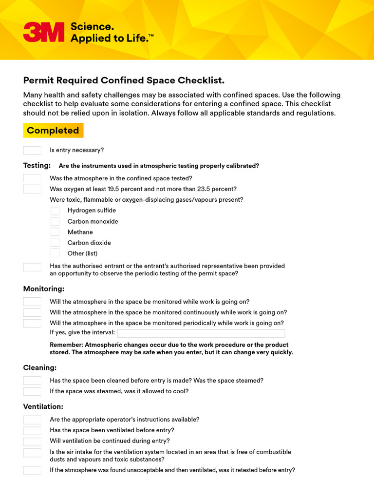 J458982 Confined Space Checklist 2019FV | PDF | Personal Protective Equipment | Occupational ...