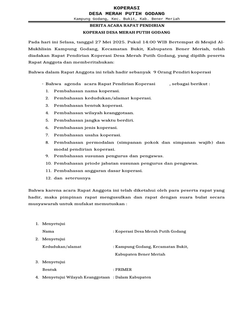Berita Acara Rapat Pra Kopdes Merah Putih Uning Bersah | PDF