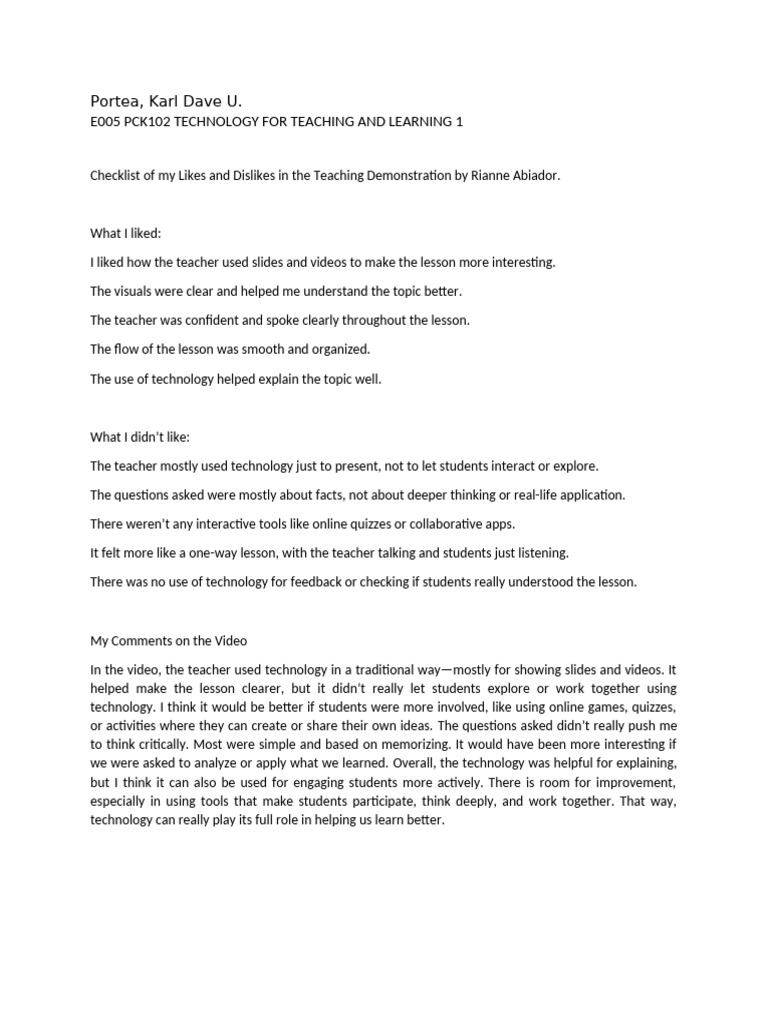 Teaching Demo Feedback on Technology Use | PDF