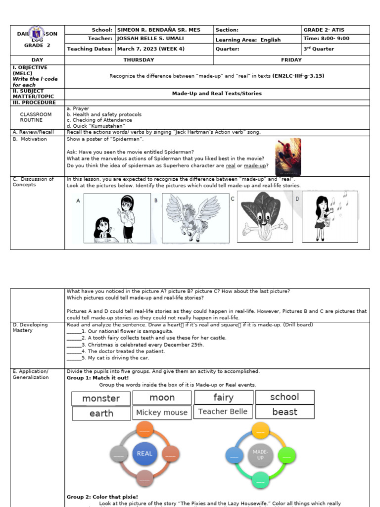 English COT Week 4 Real and Made Up | PDF | Spider Man