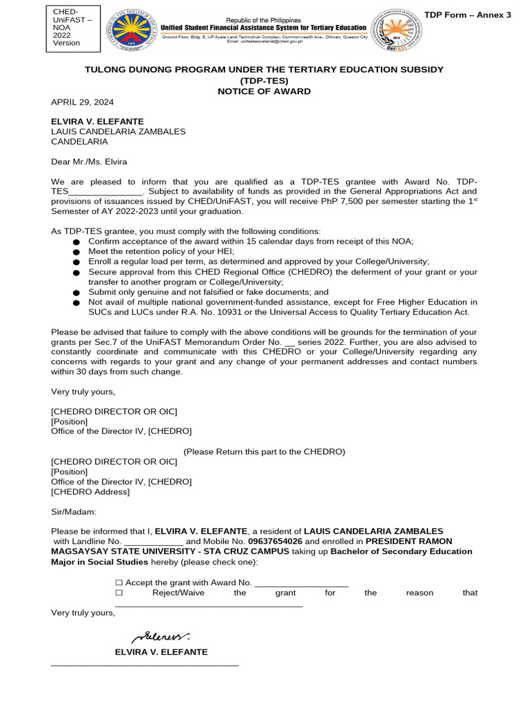 Annex-3-Template TDP Notice of Award Updated | PDF