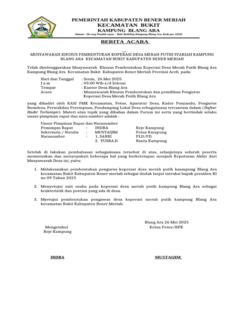 Berita Acara Musyawarah KOPDES MP | PDF