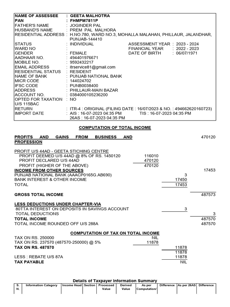 Computation FHMPM7811P 2023 | PDF | Taxes | Tax Refund