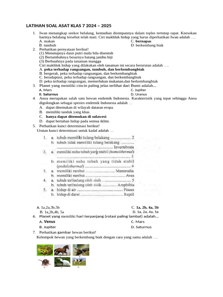 Latihan Soal Asat Klas 7 2024 | PDF