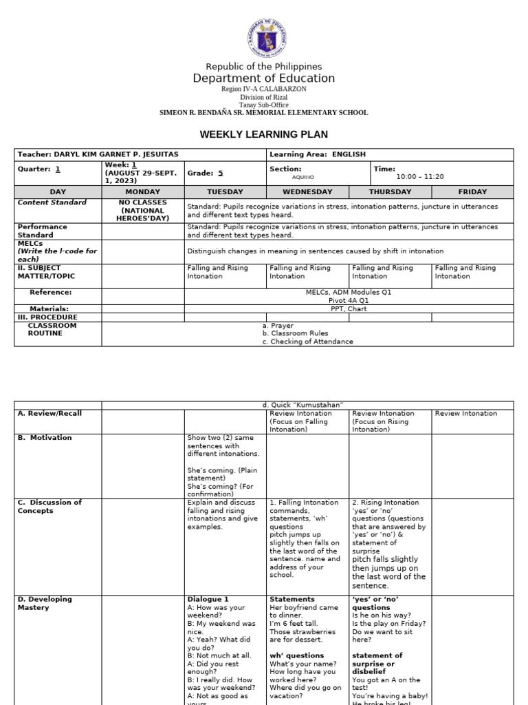 q1 WLP SSC English Ict Esp w1 | PDF | Learning | Teachers