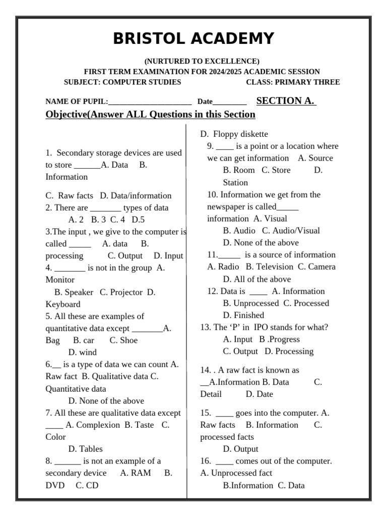 Geras First Term P3, P4, P5 EAM QUESTION FOR 2024 | PDF | Input/Output ...