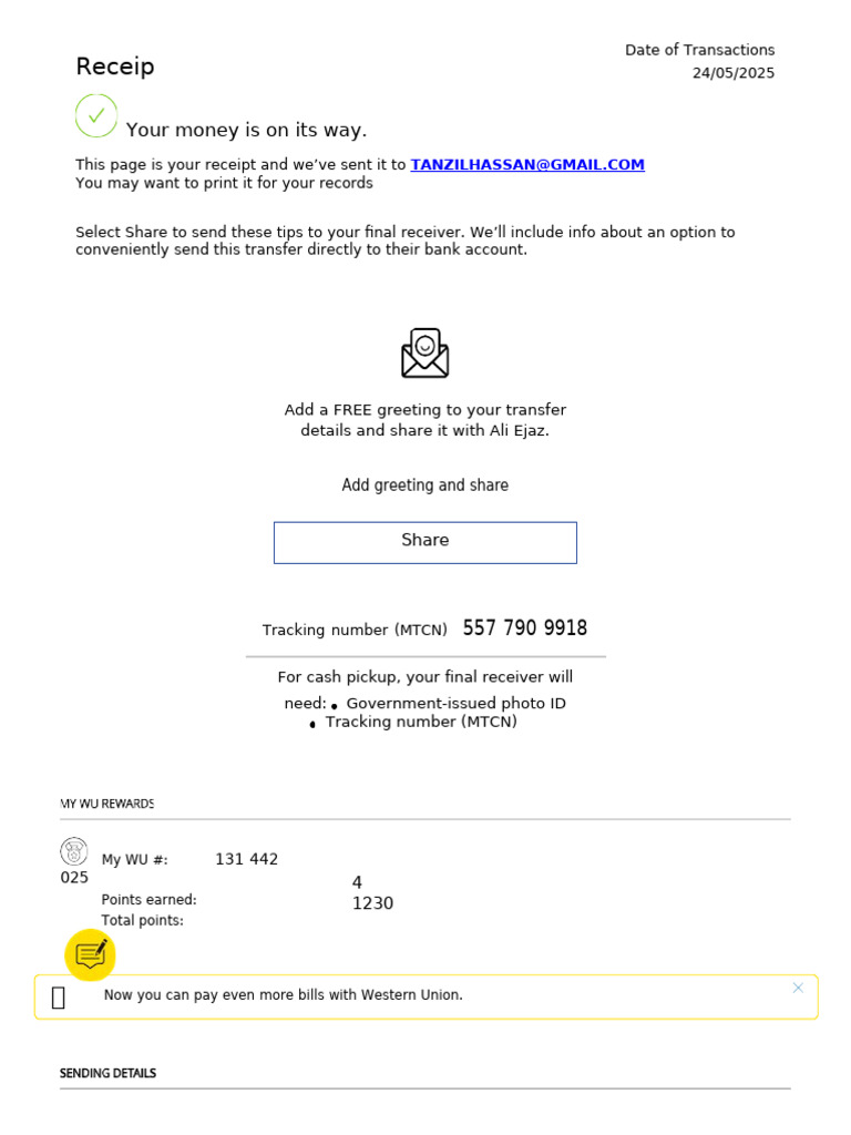 Receipt | PDF | Western Union | Receipt