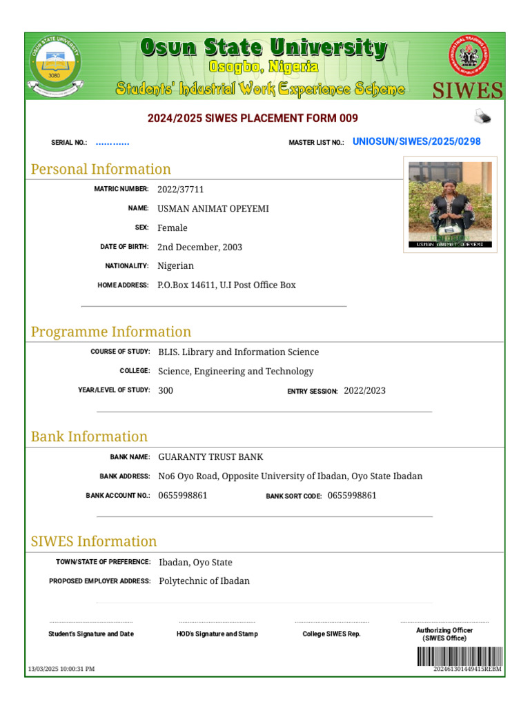 2024 2025 Siwes Placement Form | PDF | Public Services | Freight Transport