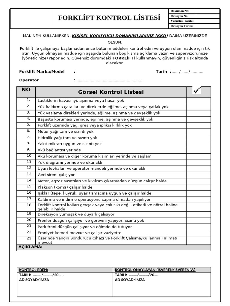 Forkli̇ft Kontrol Formu | PDF
