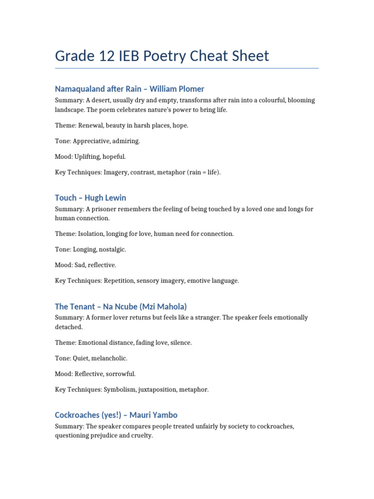 Grade 12 IEB Poetry Cheat Sheet | PDF