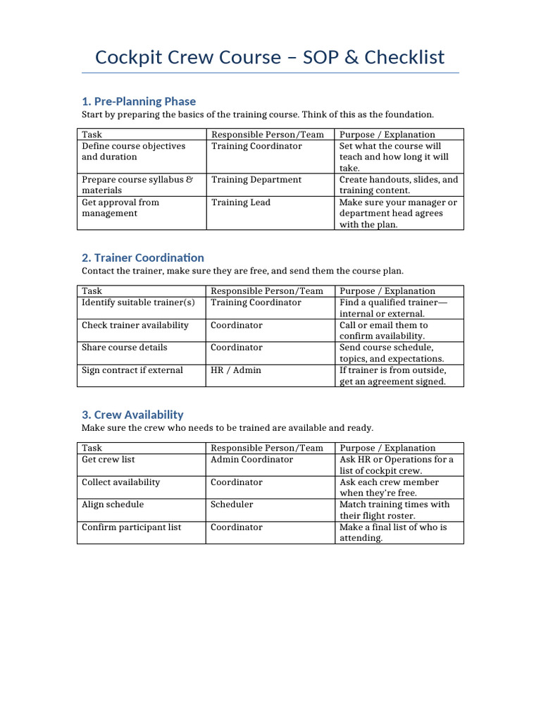 Cockpit Crew Training SOP & Checklist | PDF