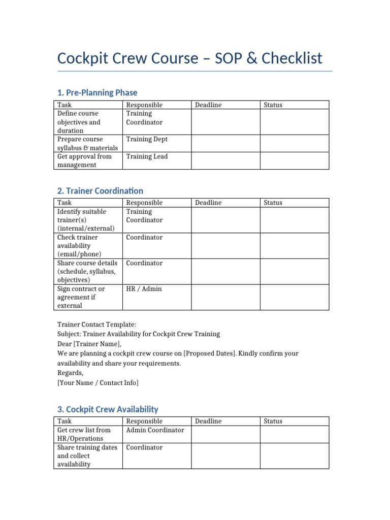 Cockpit Crew Training SOP Checklist | PDF
