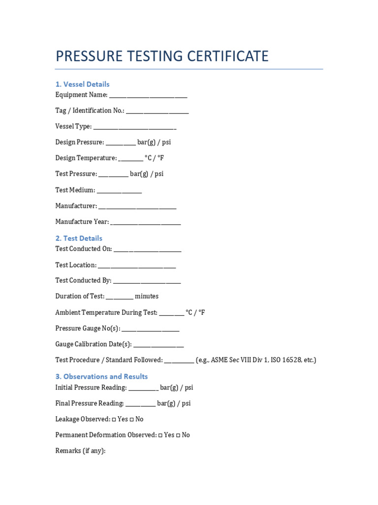 Hydrostatic Test Pressure Certificate | PDF