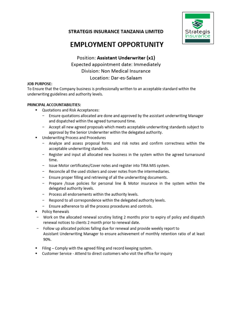 2025 Job Advert - Assistant Underwriter | PDF | Underwriting