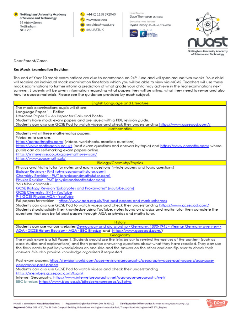 Year 10 Revision for Mock Examinations | PDF