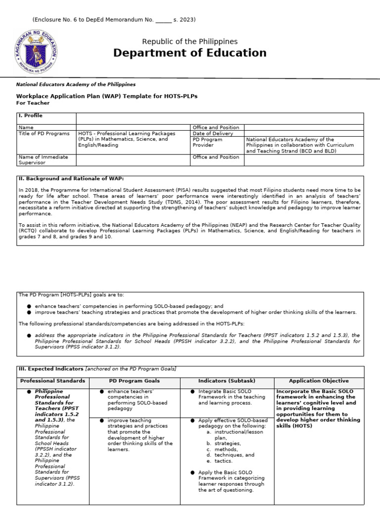 s5 Template WAP For Teachers | PDF | Educational Assessment | Learning