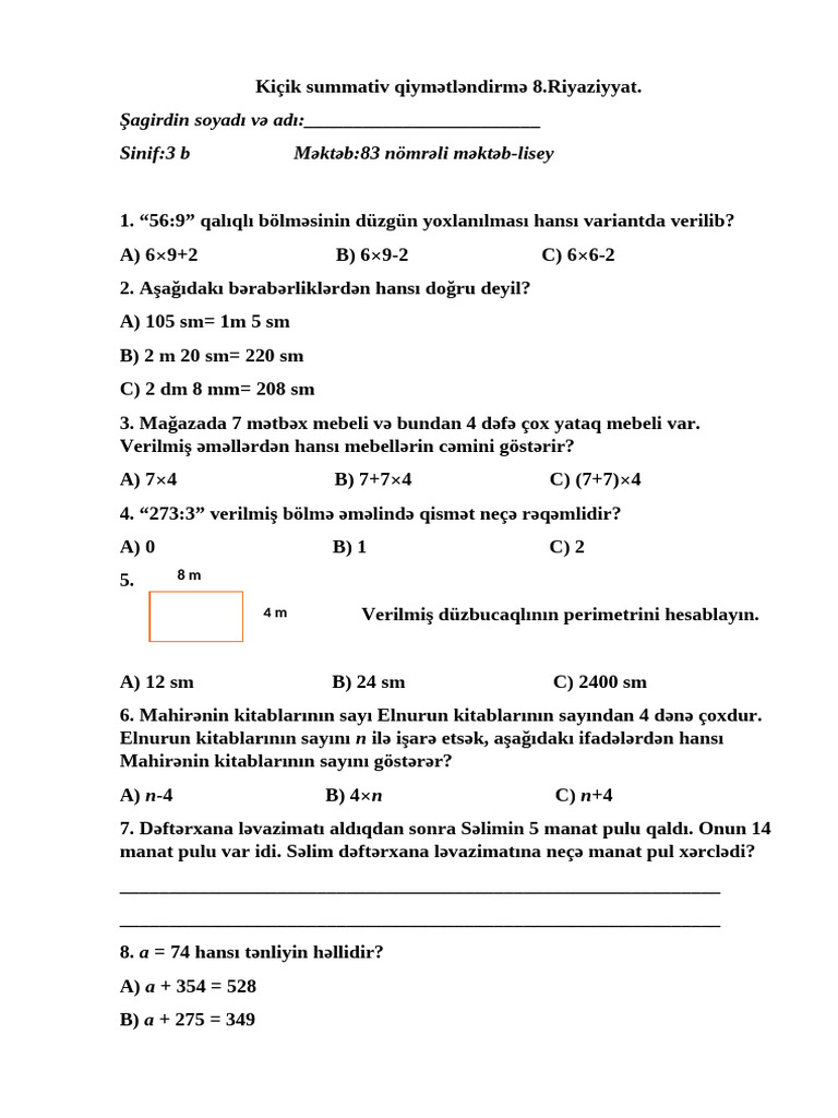 3B KSQ8 Riyaziyyat | PDF