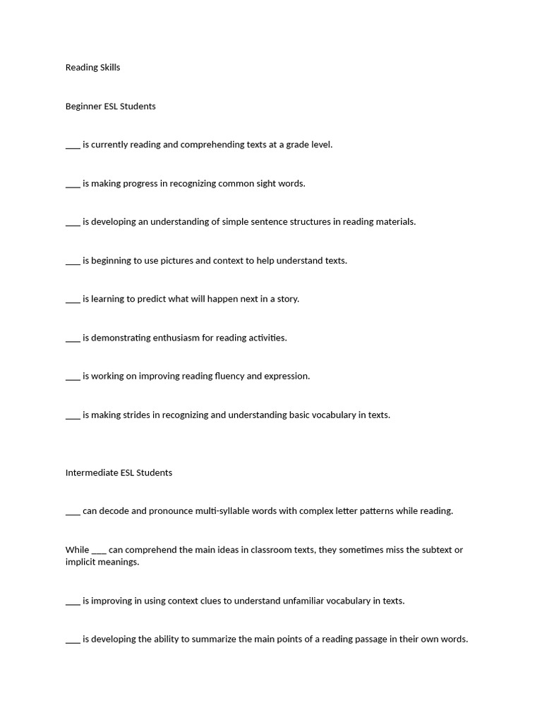 ESL Report Card Comments Guide | PDF | English Language | English As A ...