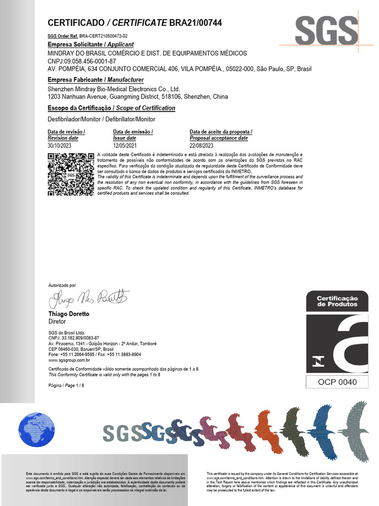 Certificado INMETRO Desfibrilador - Monitor Série uMED | PDF