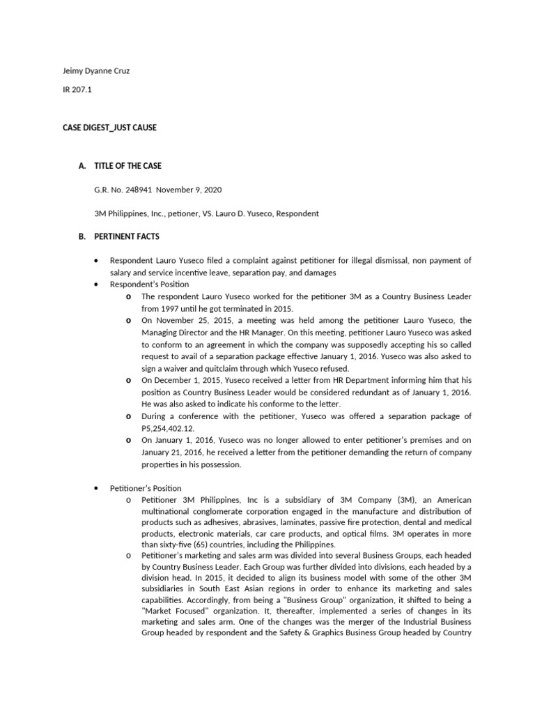 Case Digest Authorized Cause - 248941 - 11092020 - Jeimy Dyanne Cruz ...