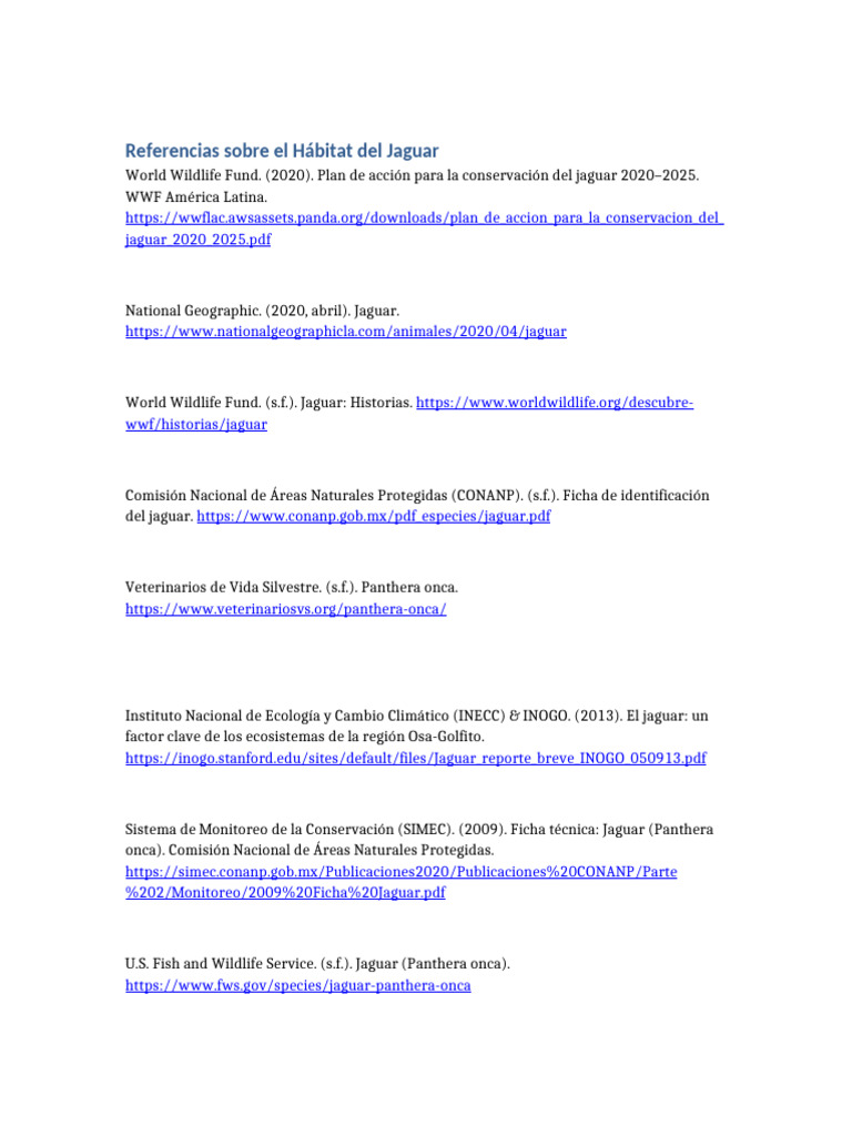 Referencias Hábitat Jaguar | PDF | Jaguar | Fondo Mundial para la ...