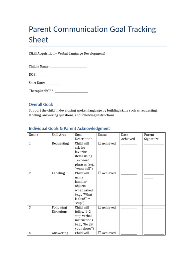 Parent Communication Goal Tracking Sheet | PDF | Language Development ...