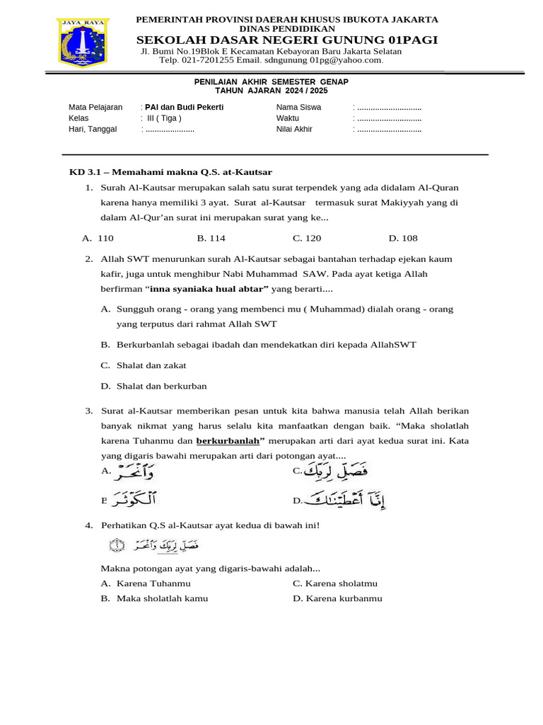 Soal Pat Pai Kelas III 2024 | PDF