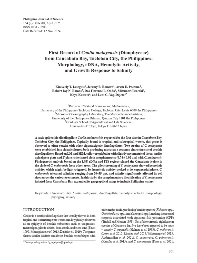 First Record of Coolia Malayensis (Dinophyceae) From Cancabato Bay ...