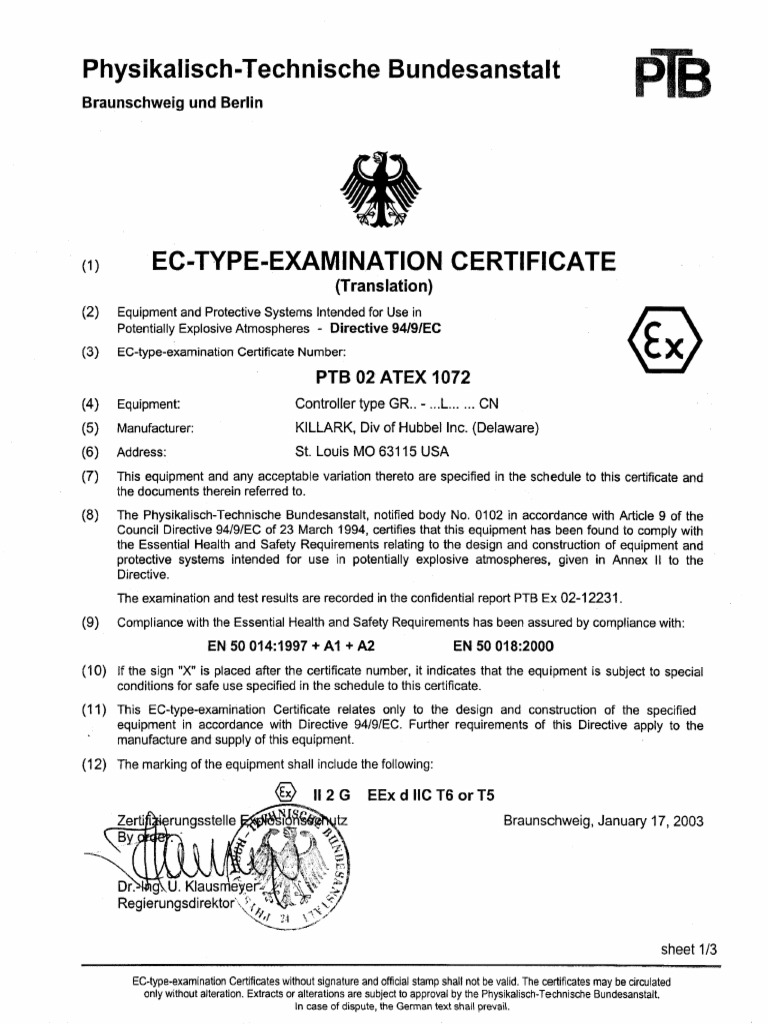 PTB 02atex1072 | PDF