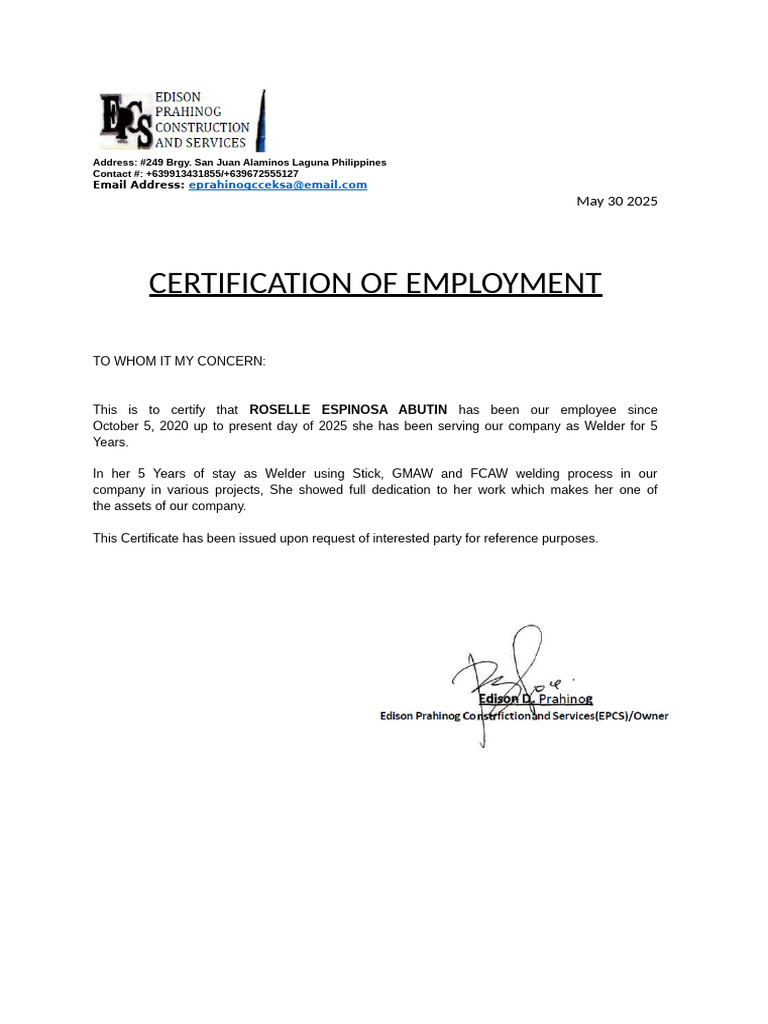 Employment Certification for Welder | PDF