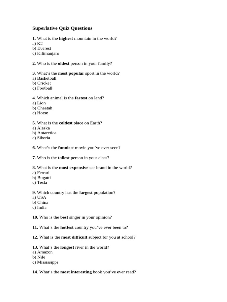 Superlative Quiz Questions | PDF | Earth Sciences