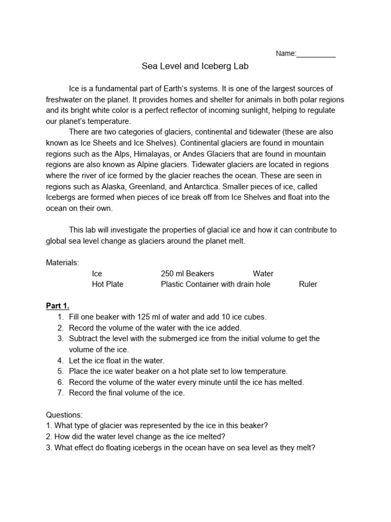 Sea Level and Iceberg Lab: Name | PDF | Glacier | Ice