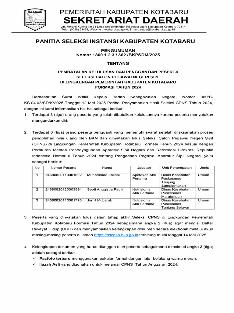 Pengumuman Pembatalan Kelulusan CPNS | PDF