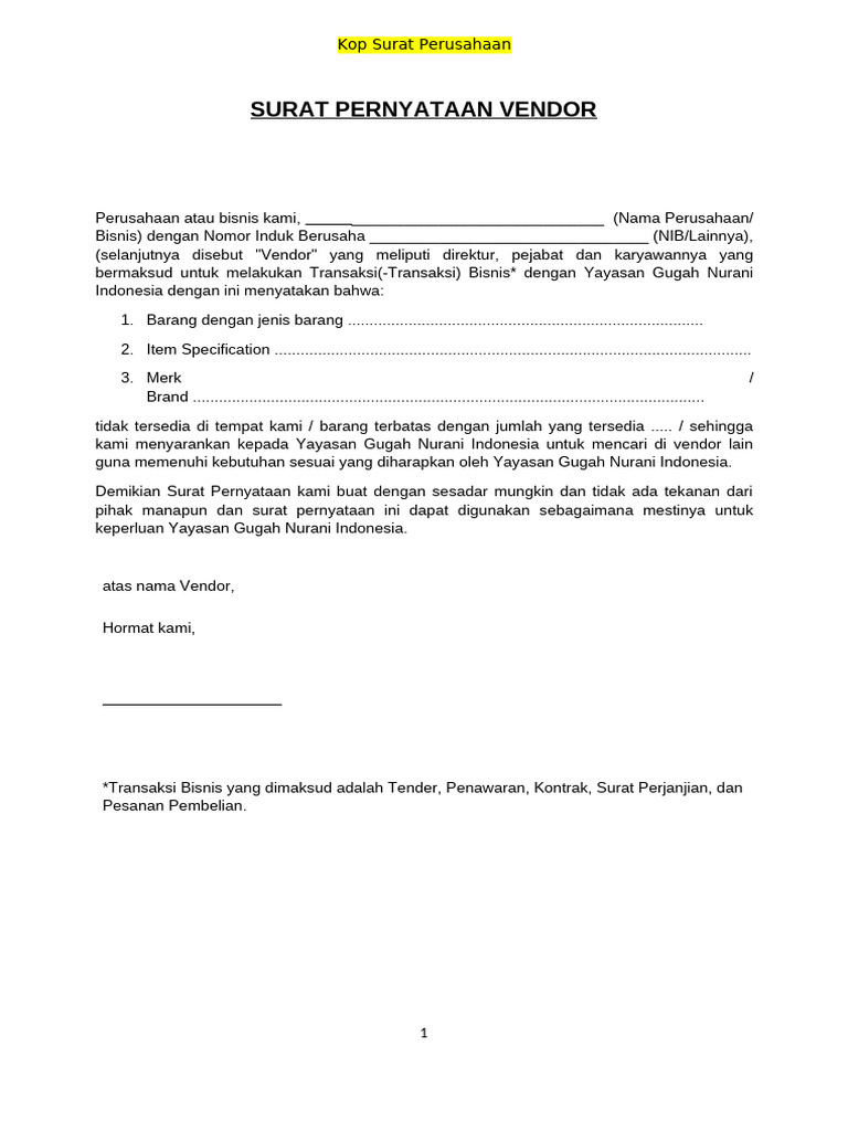 Surat Keterangan Vendor untuk Yayasan | PDF