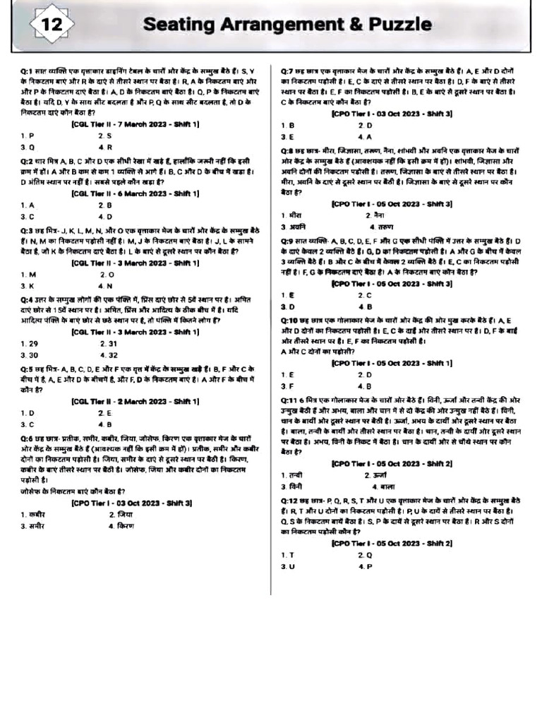 Seating Arrangements Previous Year All Exam Questions | PDF